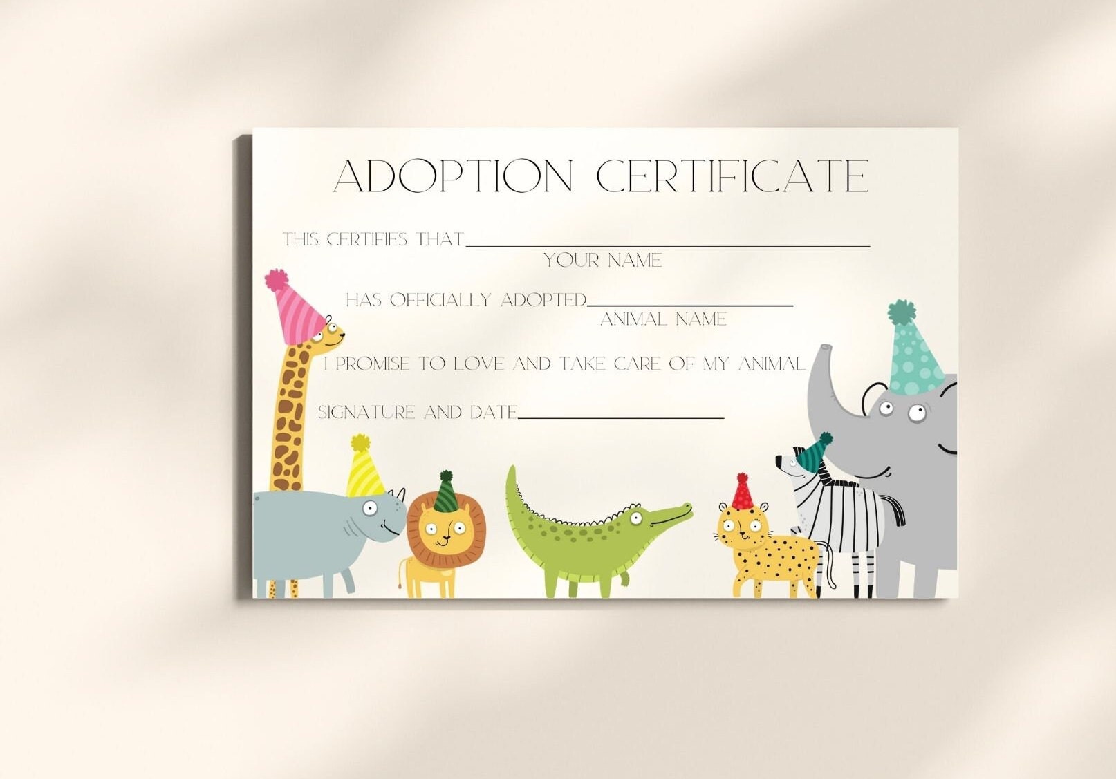 Wild One Adoption Certificate Safari Animal Adoption Certificate Jungle ...