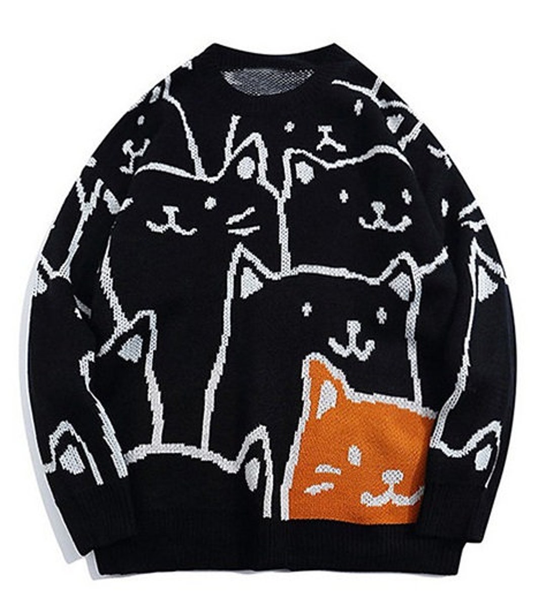 Baggy Pullover Sweater With Cat Sillhuete Pattern, Funny Streetwear ...