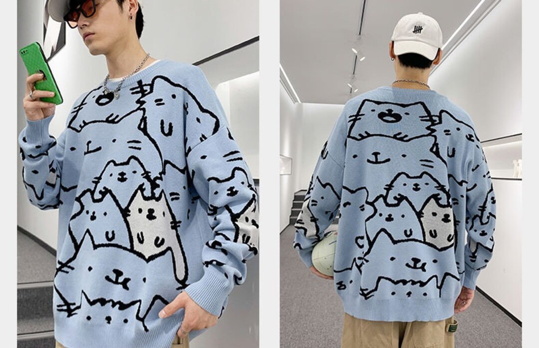 Cute Cat Inspired Sweater, Baggy Pullover Sweater With Cat Sillhuete ...