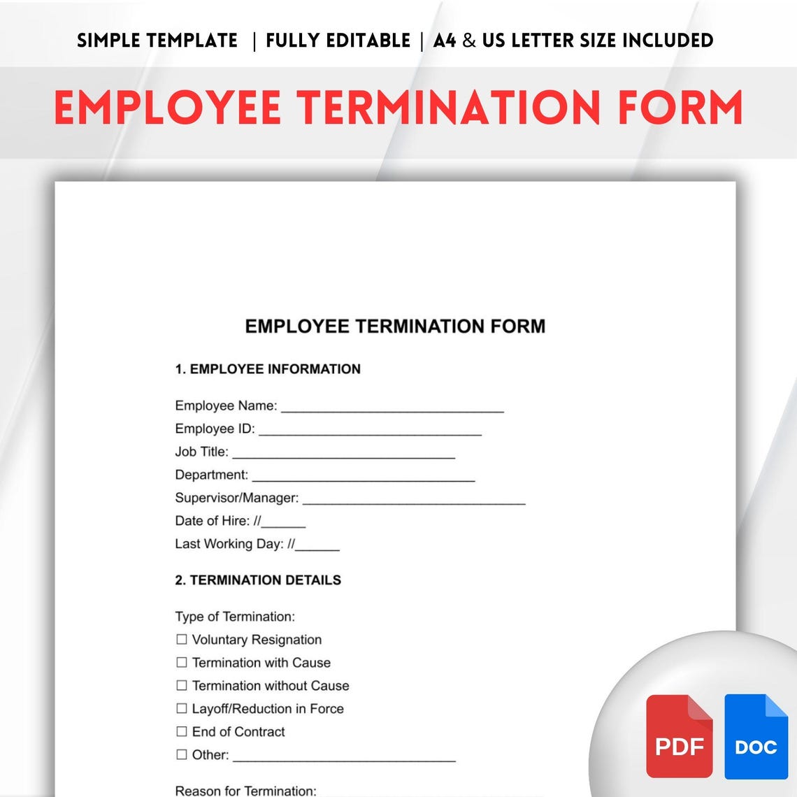 Employee Termination Form Printable and Editable Employee off Boarding ...