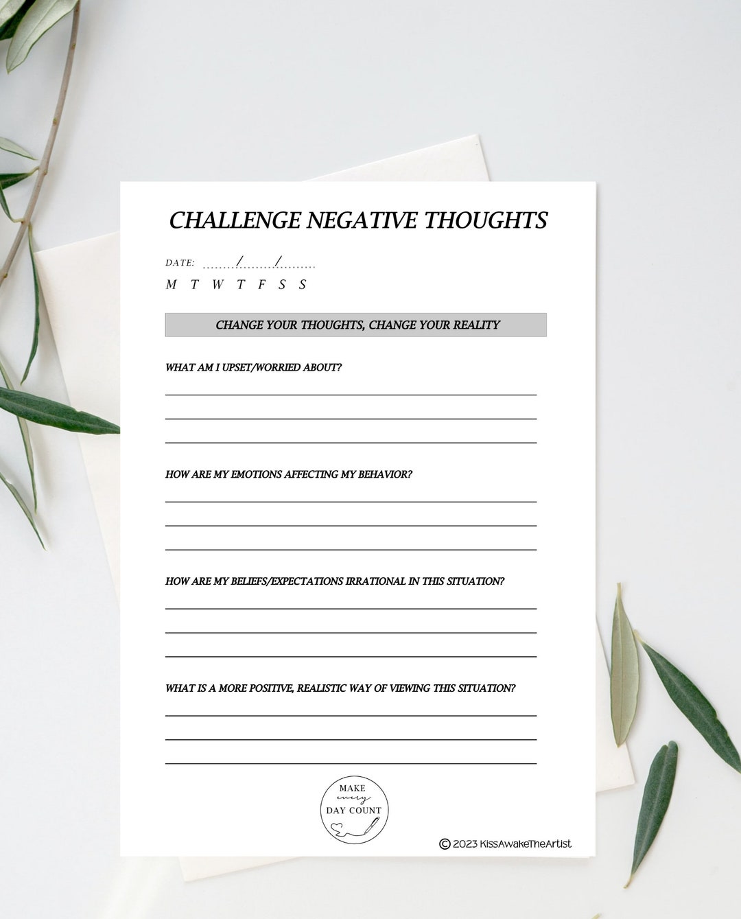 Change Negative Thoughts A5 Printable Template With Selfcare Questions ...
