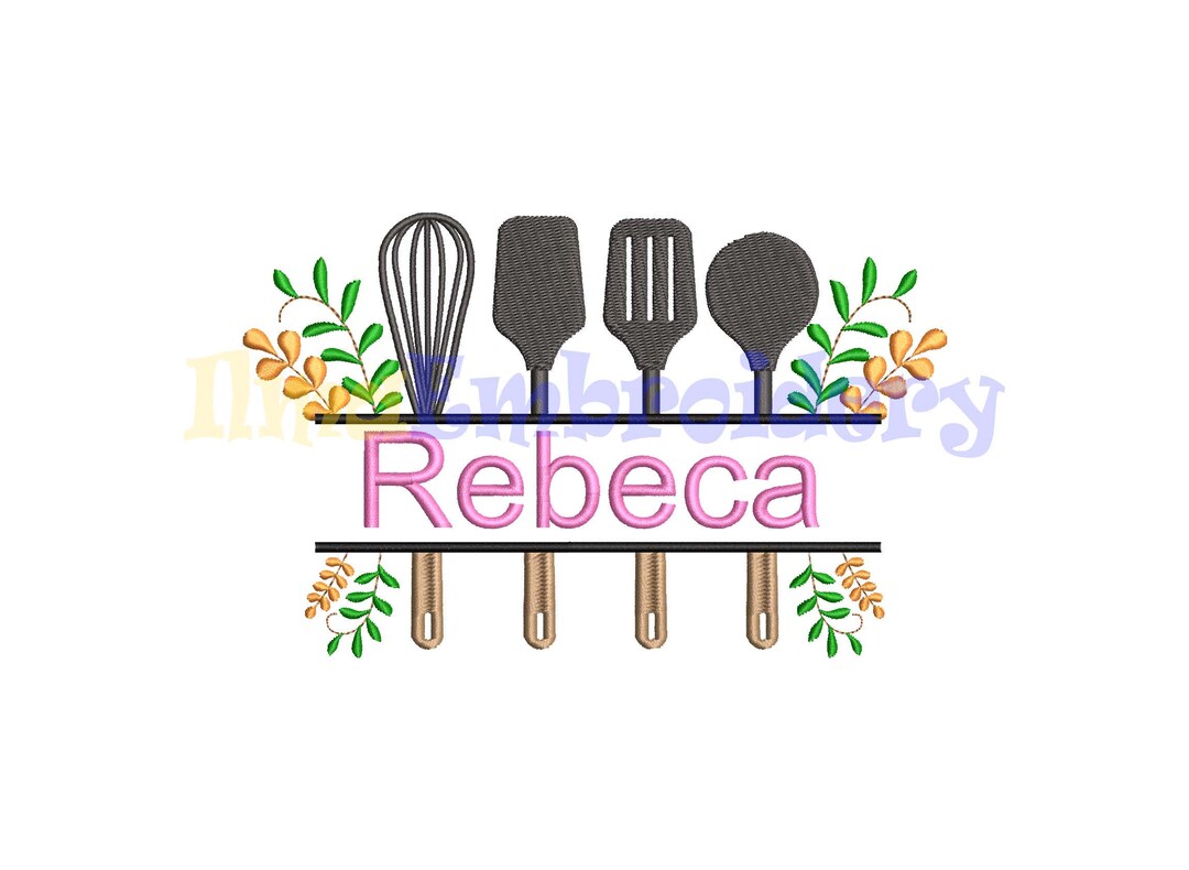 Kitchen Utensils Monogram Embroidery Design: Split Text Frame (digital ...