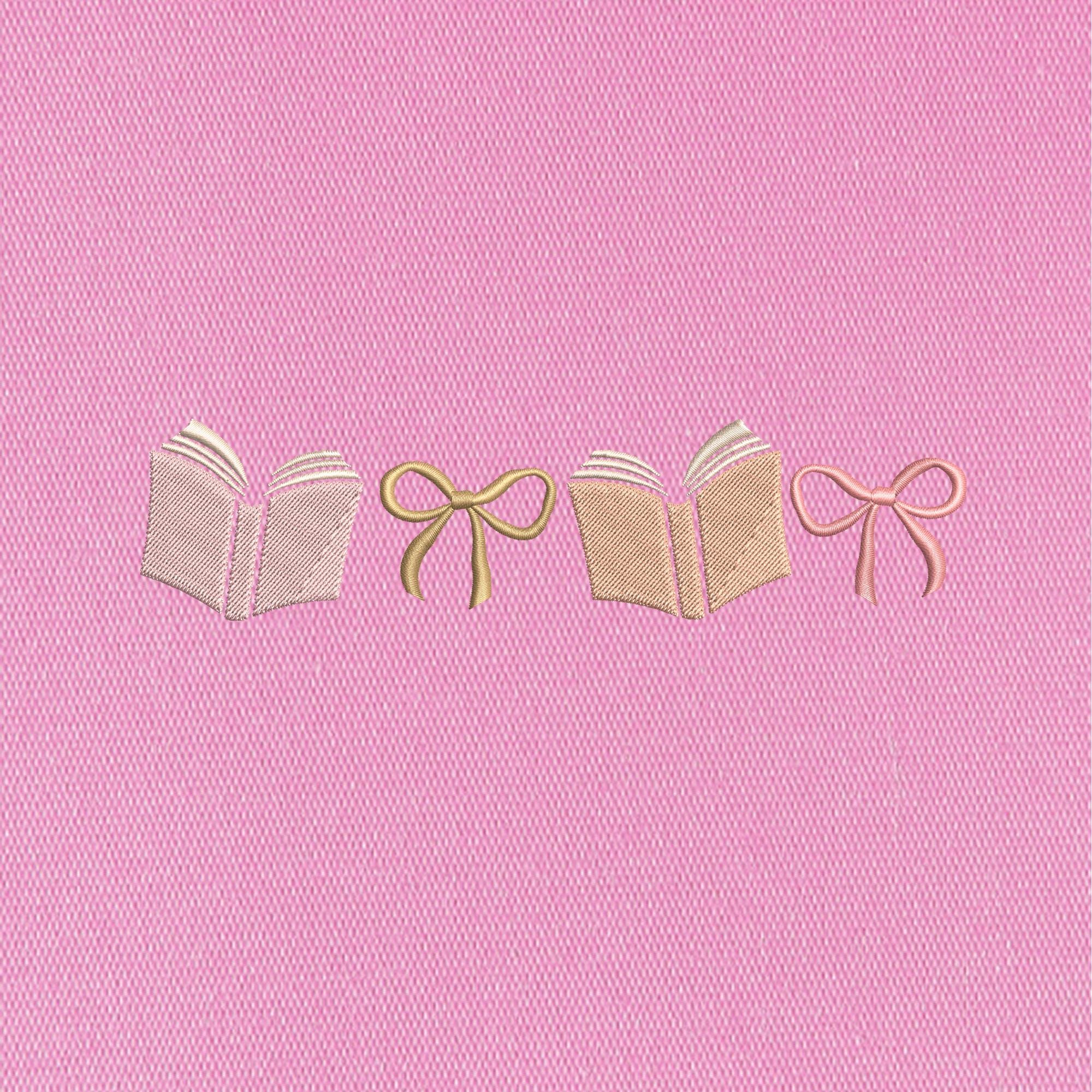 Coquette Books Embroidery Design: Stacked Books & Floral Accents ...