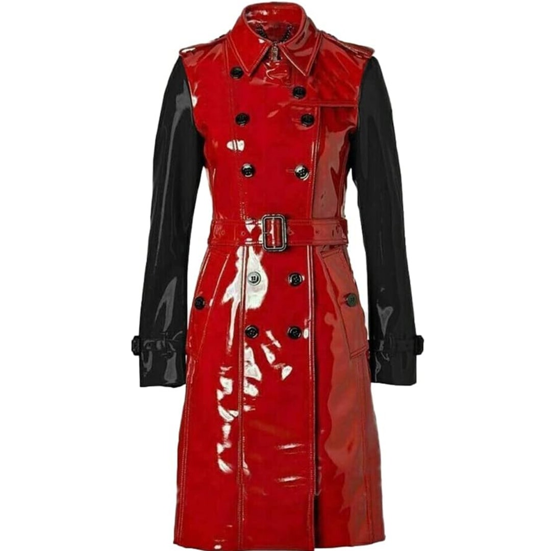 Women's Red PVC Raincoat Shiny Black Sleeve Lightweight Raincoat Casual ...