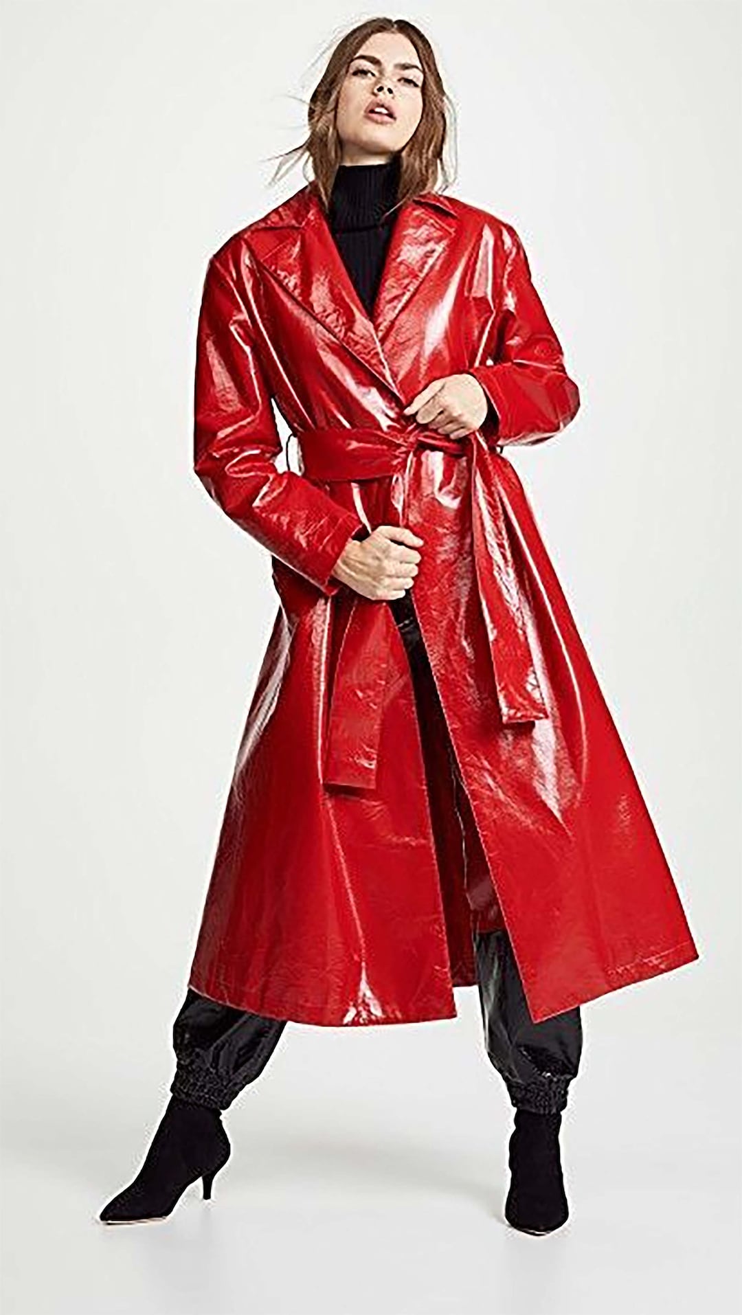 Red PVC Trench Coat Red Reefer Collar Front Double Breasted and Waist ...