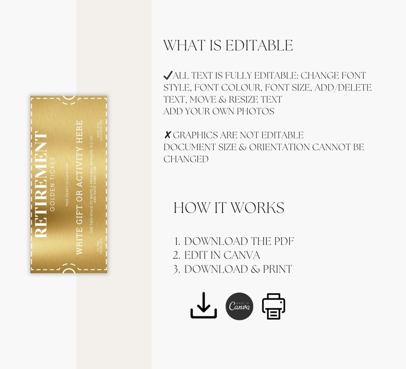 Retirement Golden Ticket Template, Printable Gift Voucher (canva) - Etsy