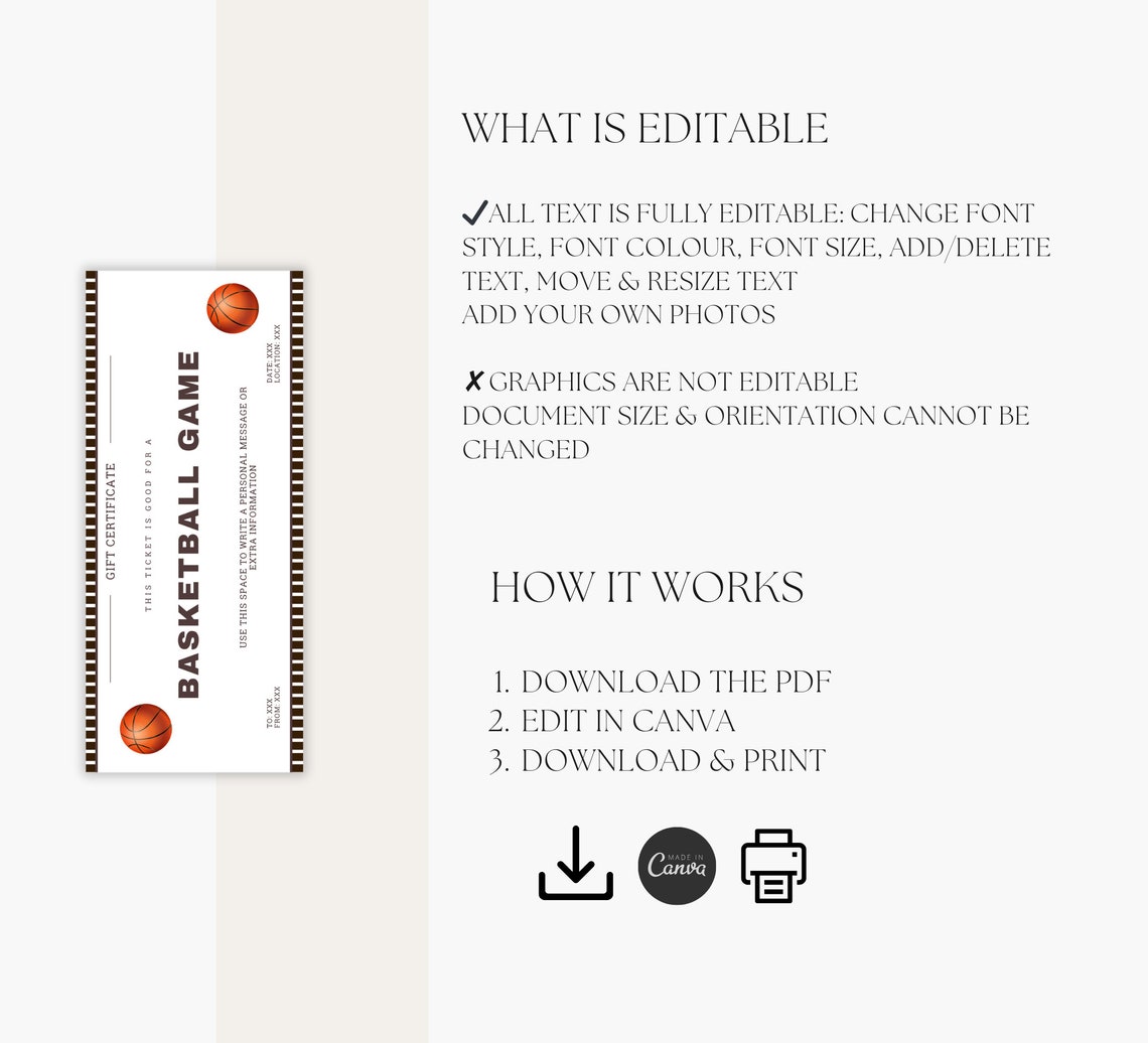 Basketball Game Ticket Printable Canva Template Custom Basketball Game ...