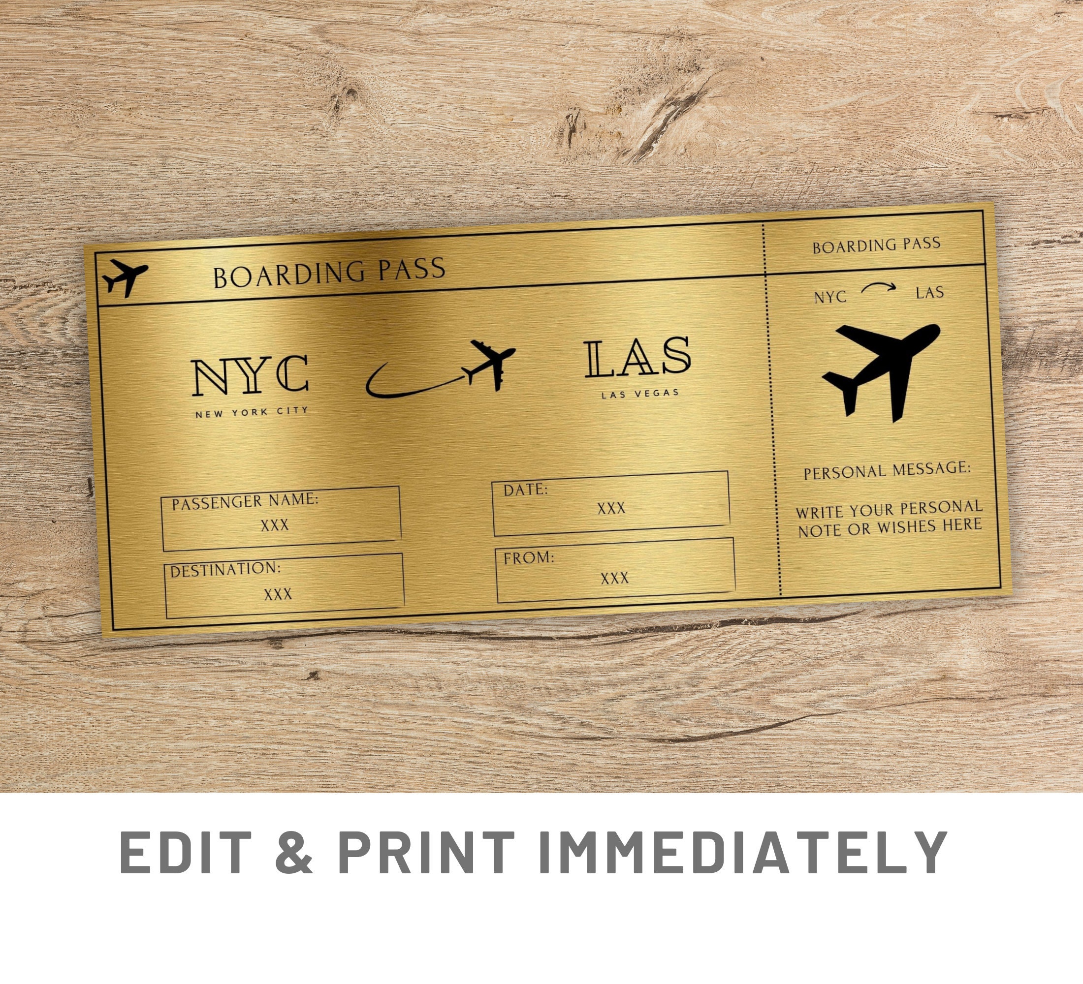 Golden Boarding Pass Editable Template Canva Gift Coupon Airline Ticket ...