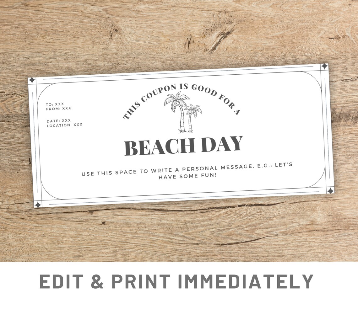 Beach Day Coupon Editable Gift Coupon Template Canva Beach Day Voucher ...