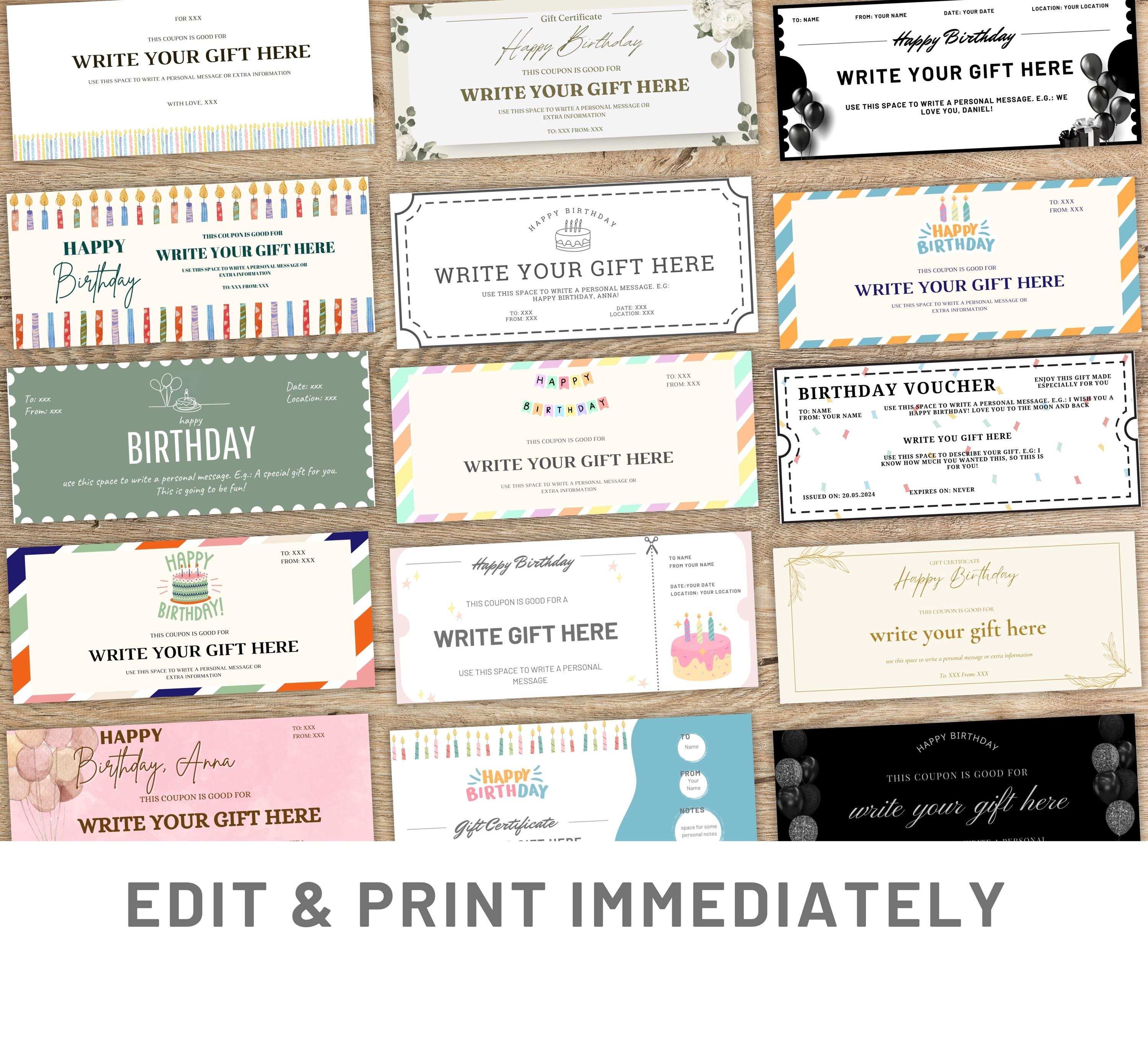 Birthday Gift Coupon Bundle 15 Editable Gift Coupons Template Canva ...