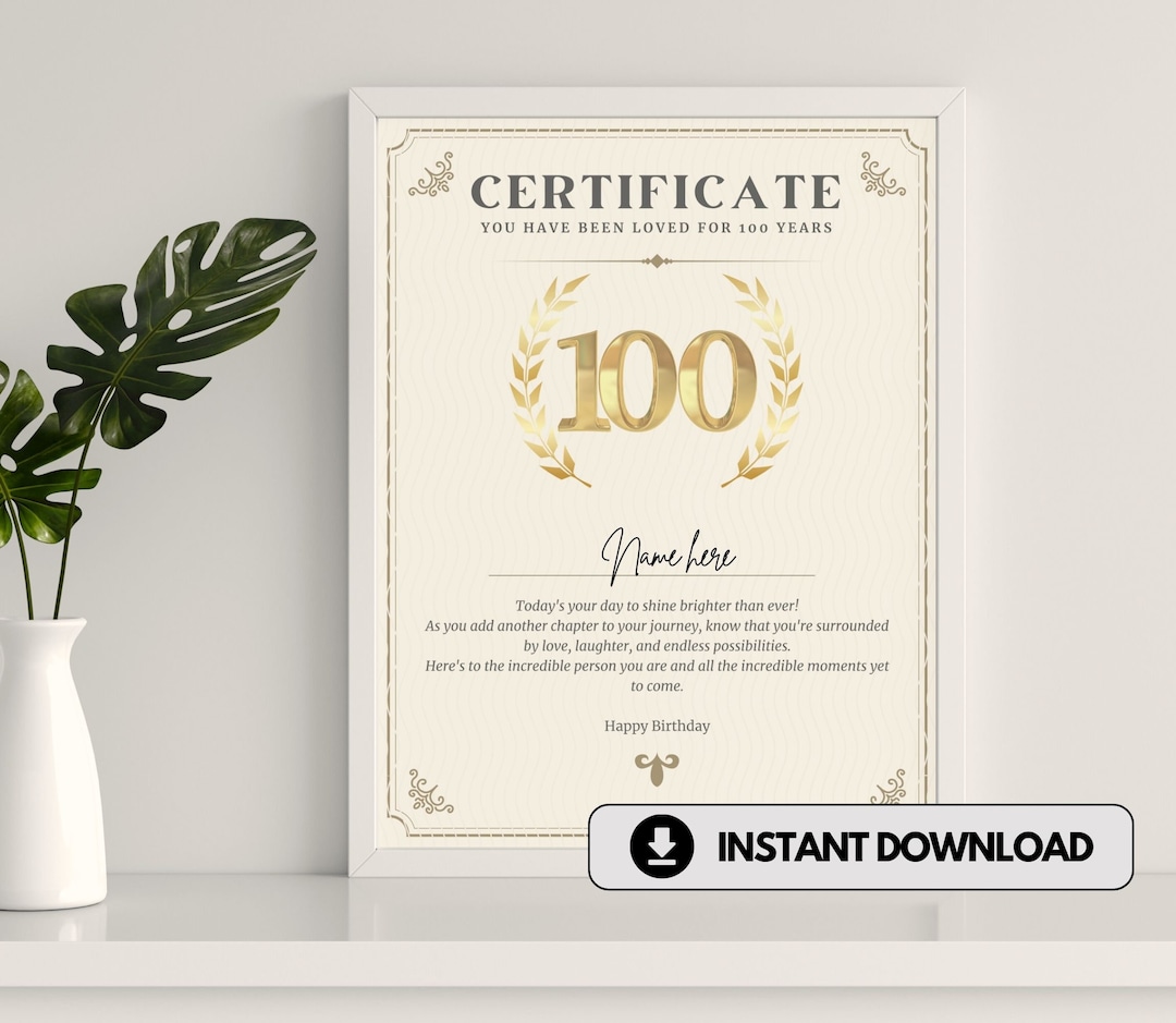 100th Birthday Gift Certificate Printable 100 Birthday Gift Idea 100th ...