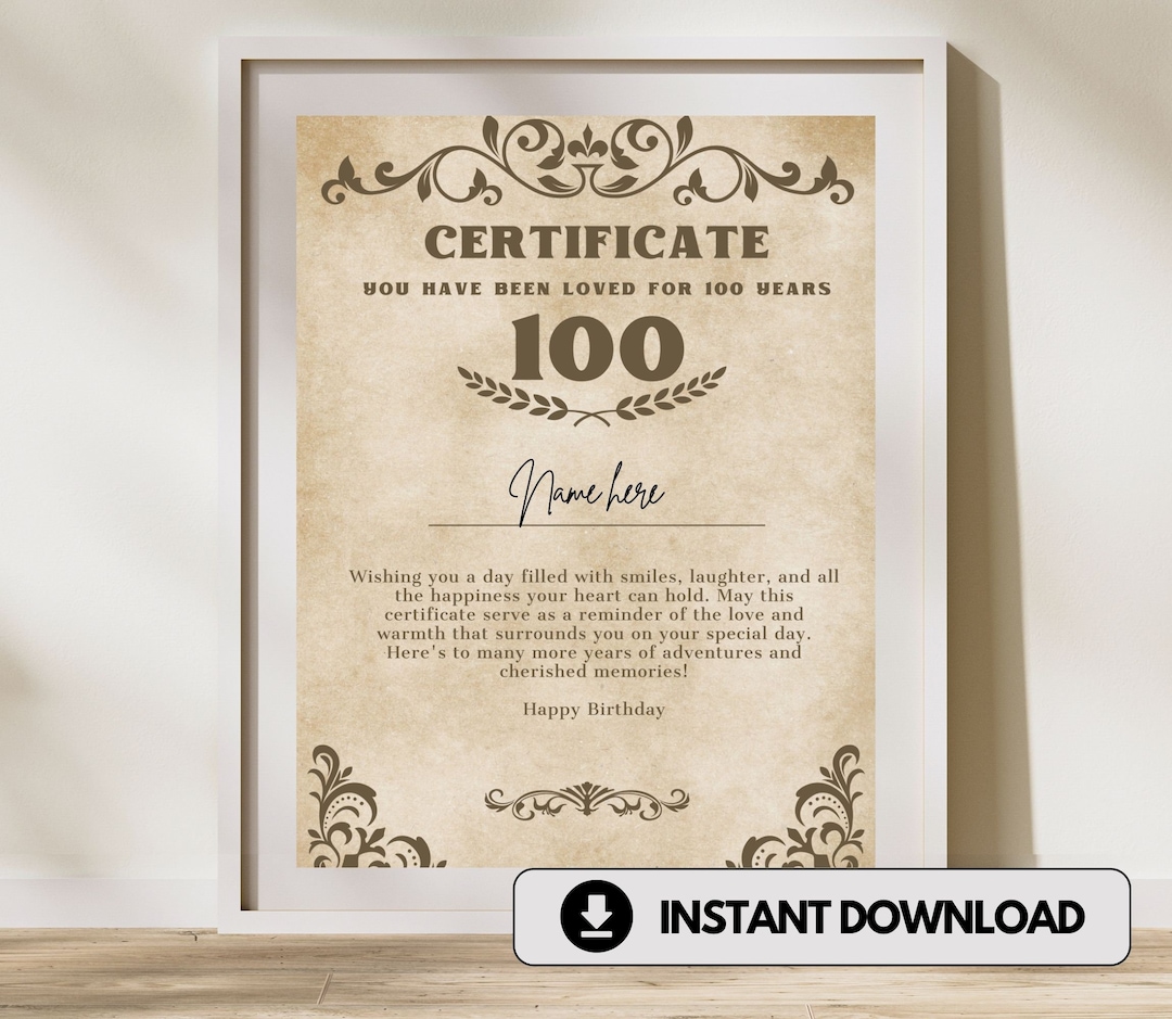 100th Birthday Poster Birthday Certificate Printable Birthday Decor 100 ...