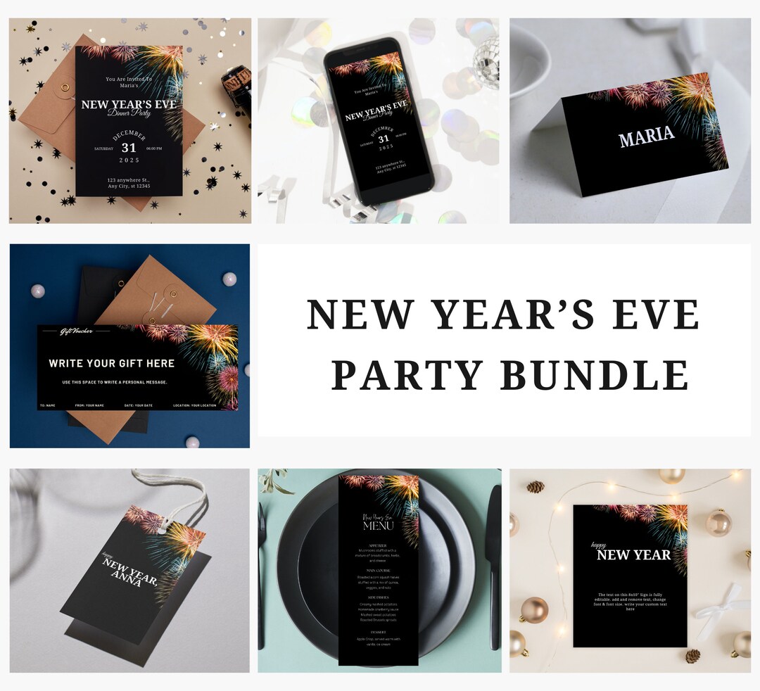 Editable New Year's Eve Party Bundle Canva Invitation New Year Dinner ...