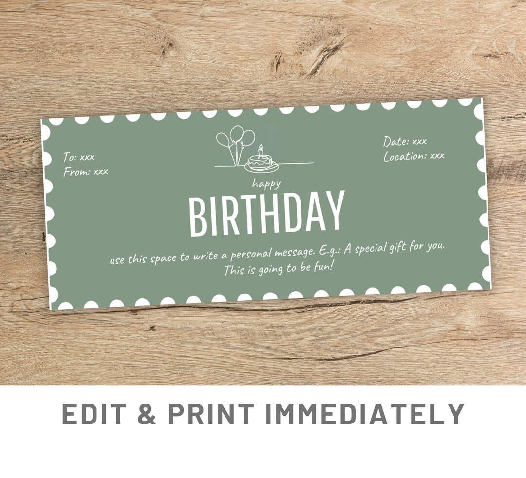 Green Birthday Coupon Editable Gift Coupon Template Canva Birthday Gift ...