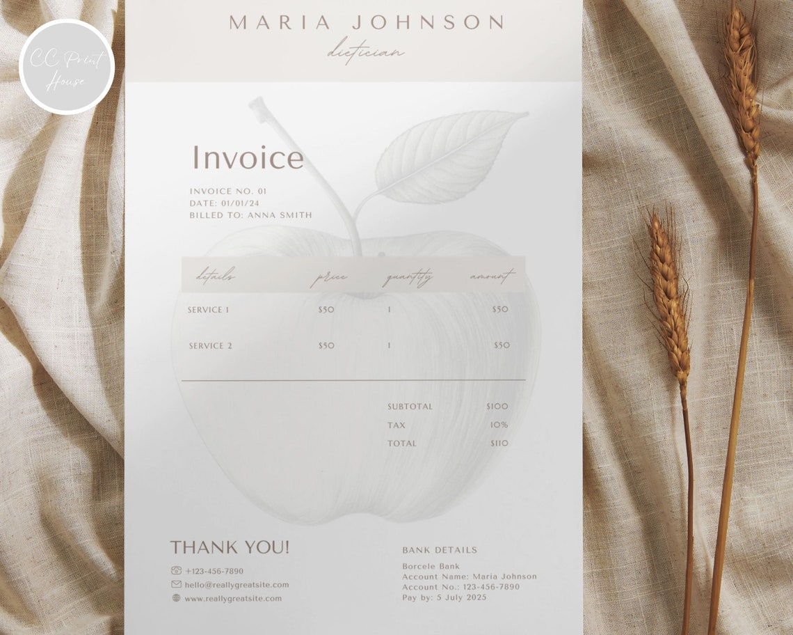 Dietician Invoice Template Nutritionist Editable Template Printable ...