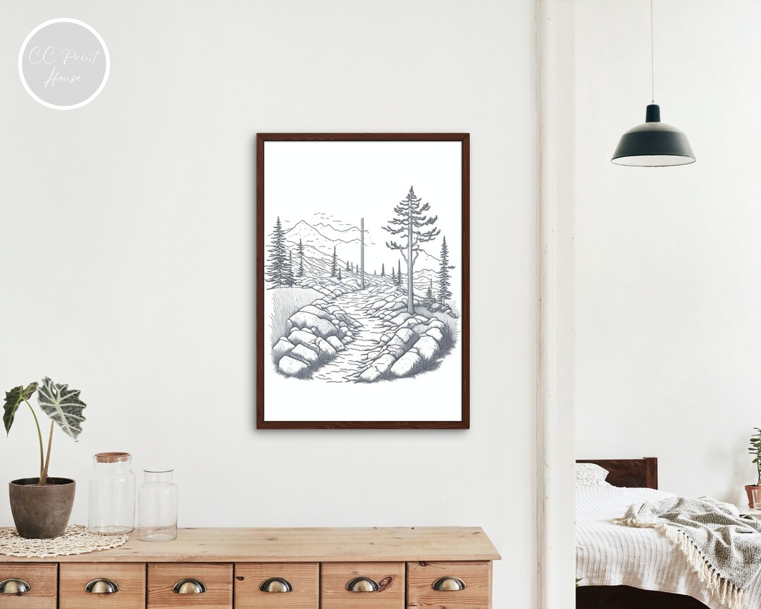 Hiking Trail Drawing Hiking Line Art Print Hiker Gift Outdoor - Etsy