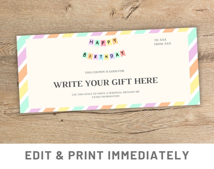 Editable Birthday Coupon Template - Printable "happy Birthday" Gift ...