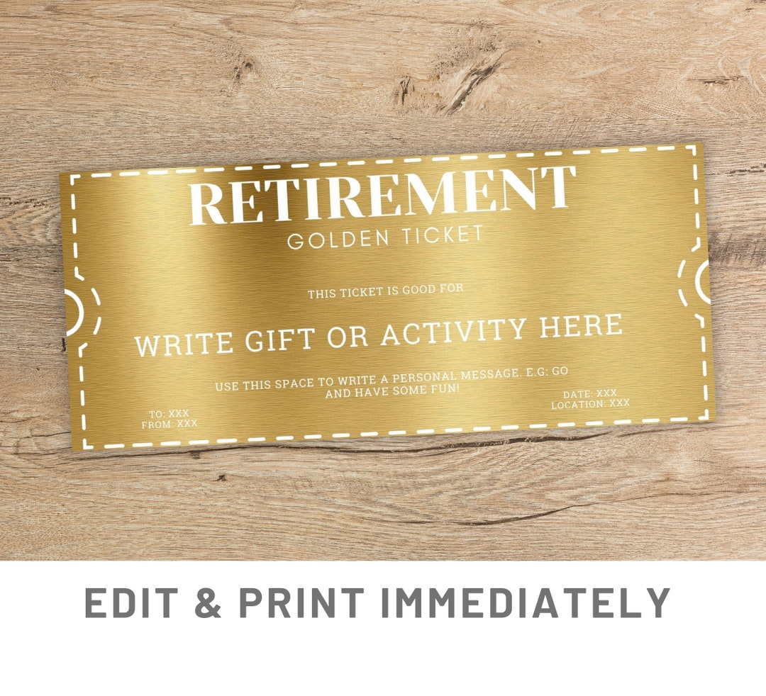 Golden Ticket Retirement Editable Gift Card Template Canva Gift Coupon ...