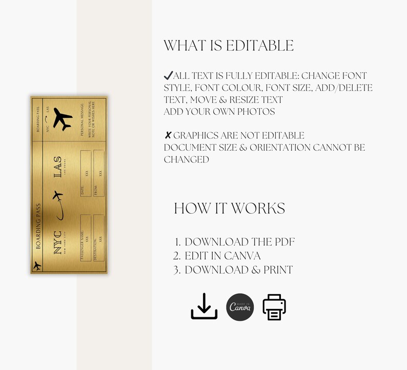 Golden Boarding Pass Editable Template Canva Gift Coupon Airline Ticket ...