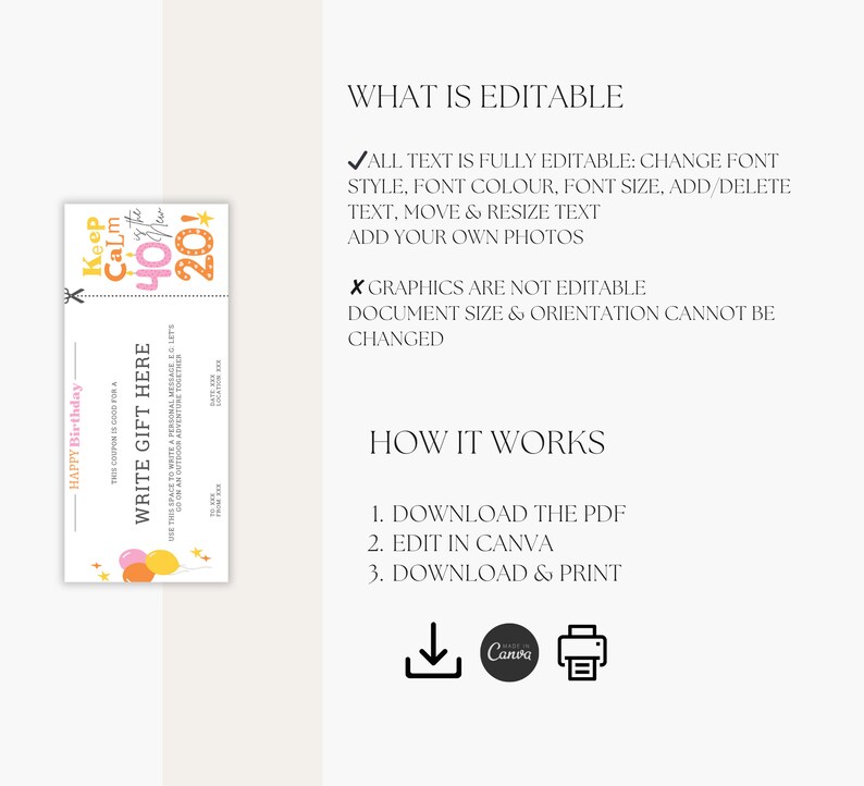 40th Birthday Gift Coupon Template, Editable Printable (canva) - Etsy