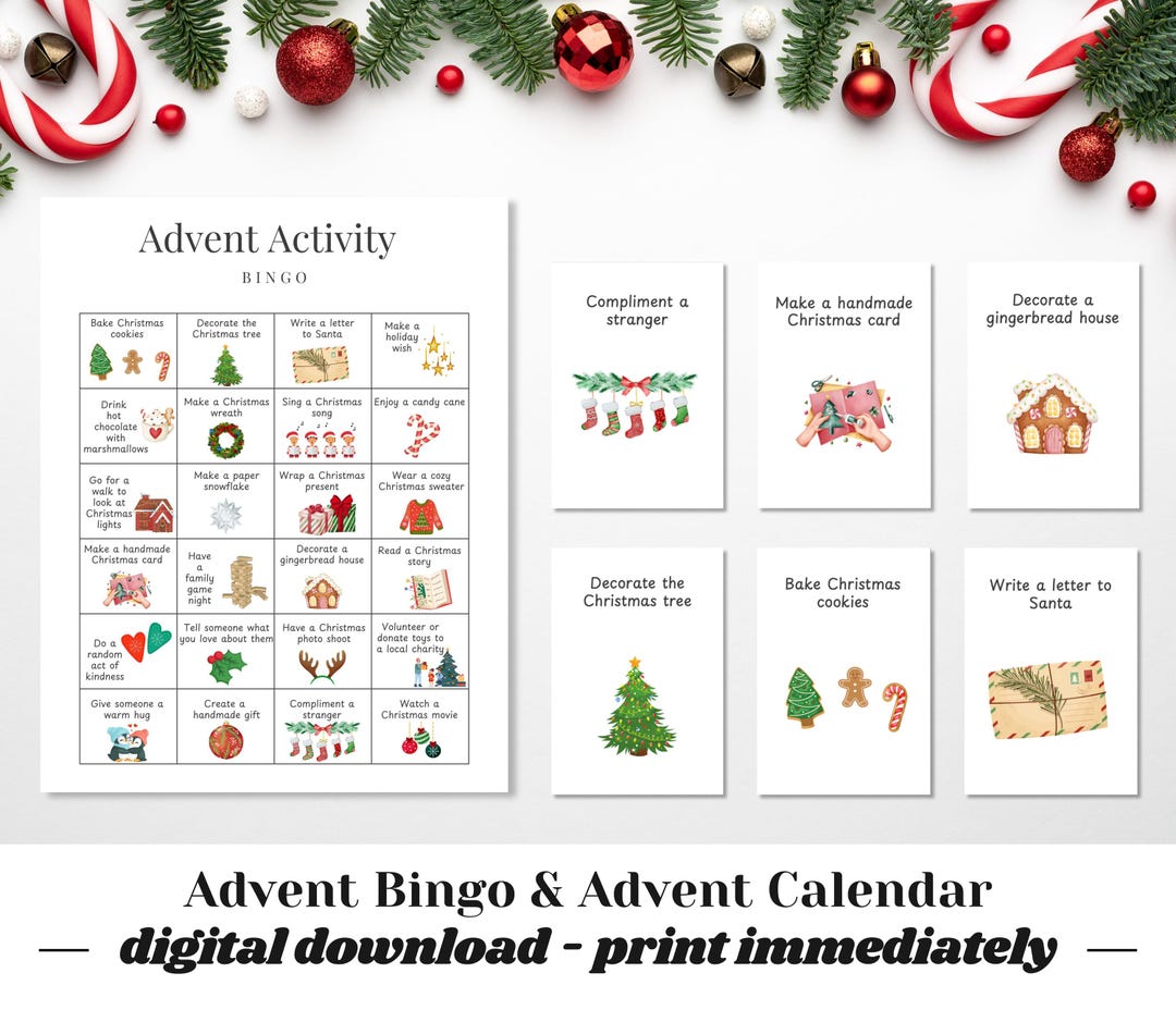 Printable Advent Bingo 24 Advent Activity Cards Christmas Bucket List ...