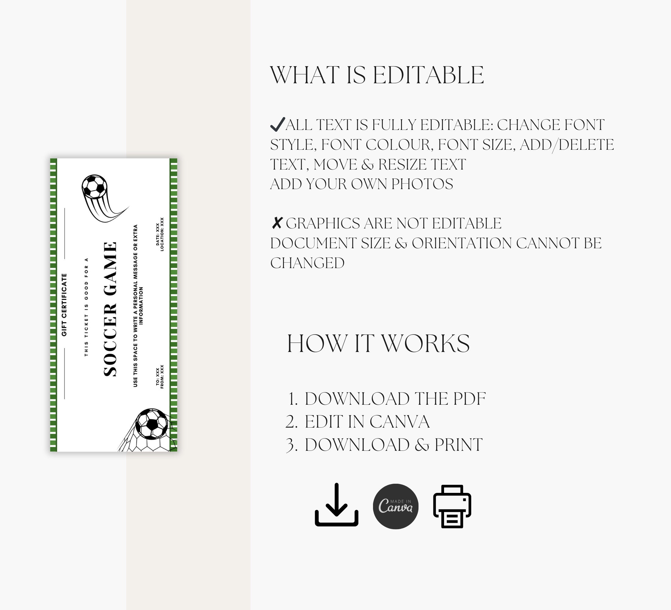 Soccer Game Ticket Printable Canva Template Custom Soccer Game Ticket ...