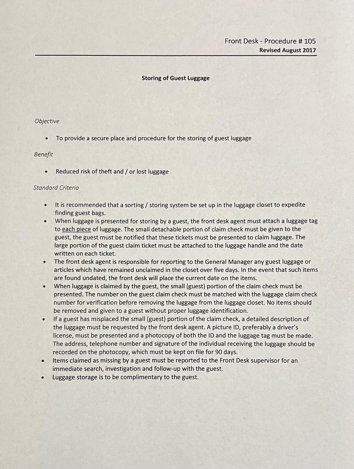 Hotel Front Desk Sop's - Etsy