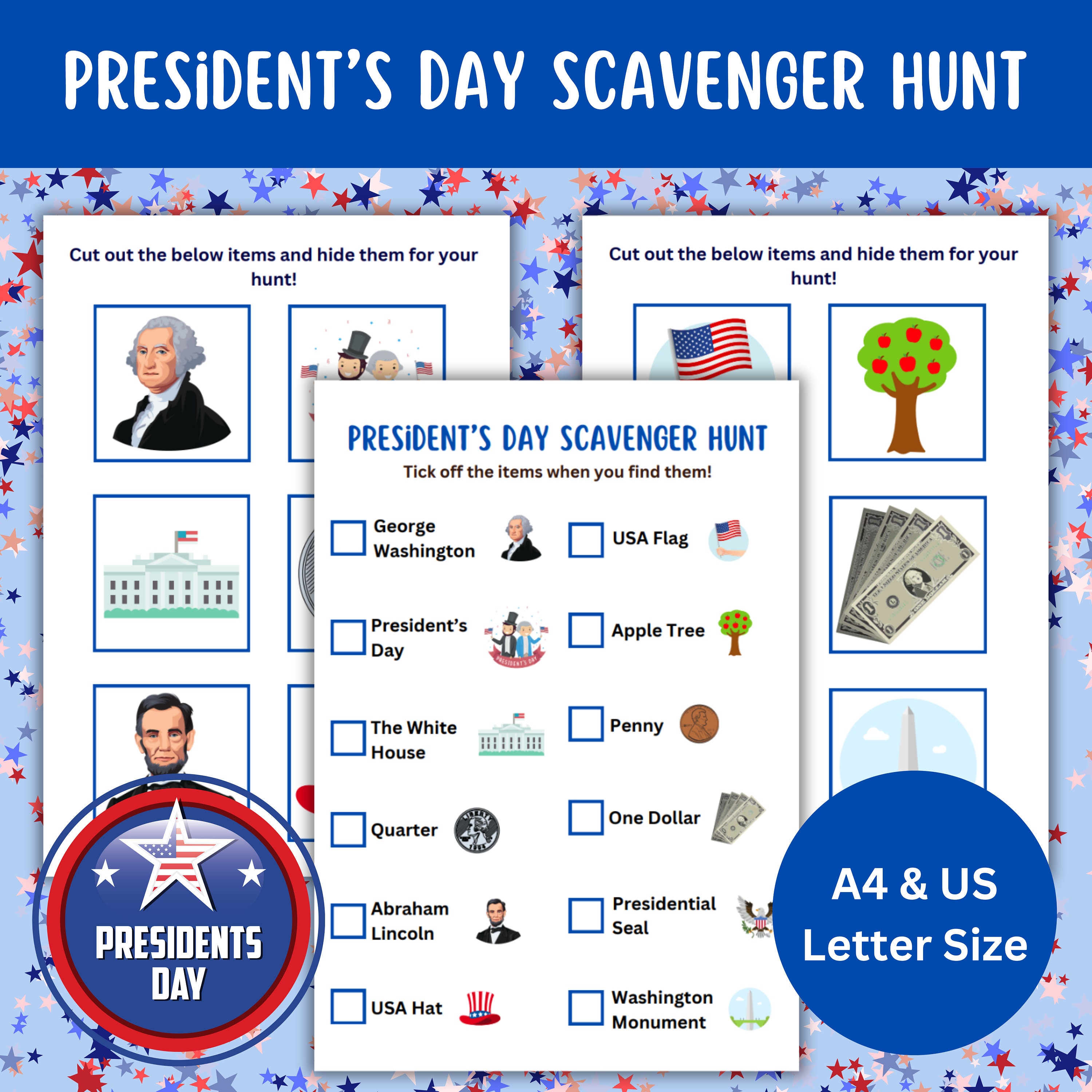 President's Day Scavenger Hunt, Hide and Seek, Picture Cards, George ...