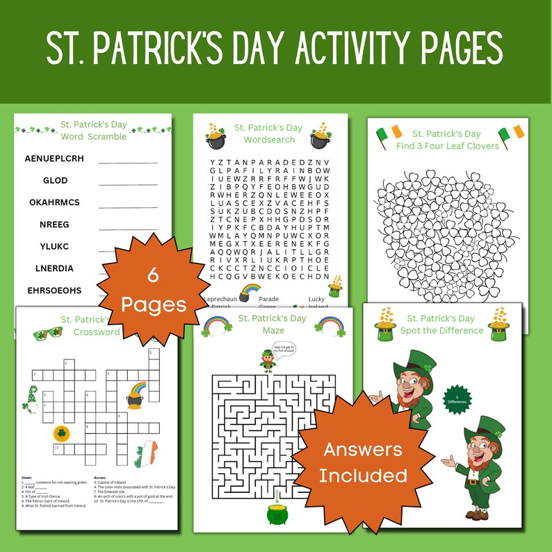 St Patrick's Day Activity Pages - Six Activities - Instant Download - Etsy