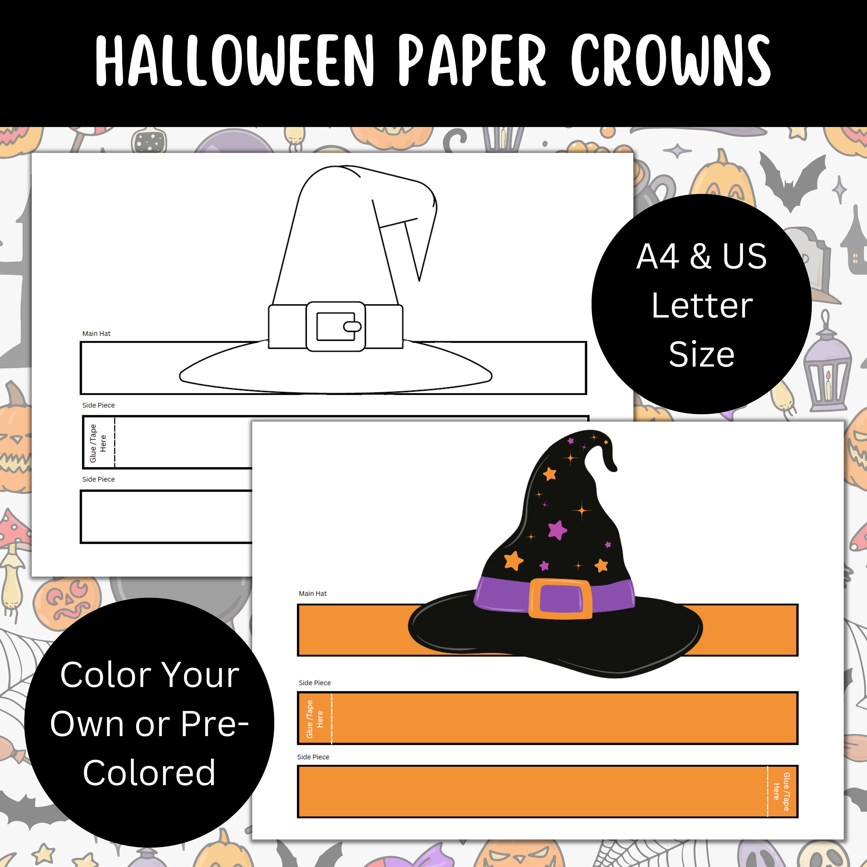 Halloween Paper Crown, Paper Hat, Coloring Page, Printable Witch Hat ...