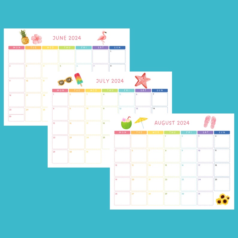 2024 Printable Summer Monthly Planner Calendars, June July August ...
