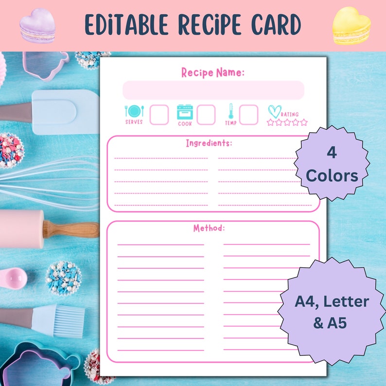 Editable Recipe Card, Printable Recipe Log, Recipe Book, Recipe ...