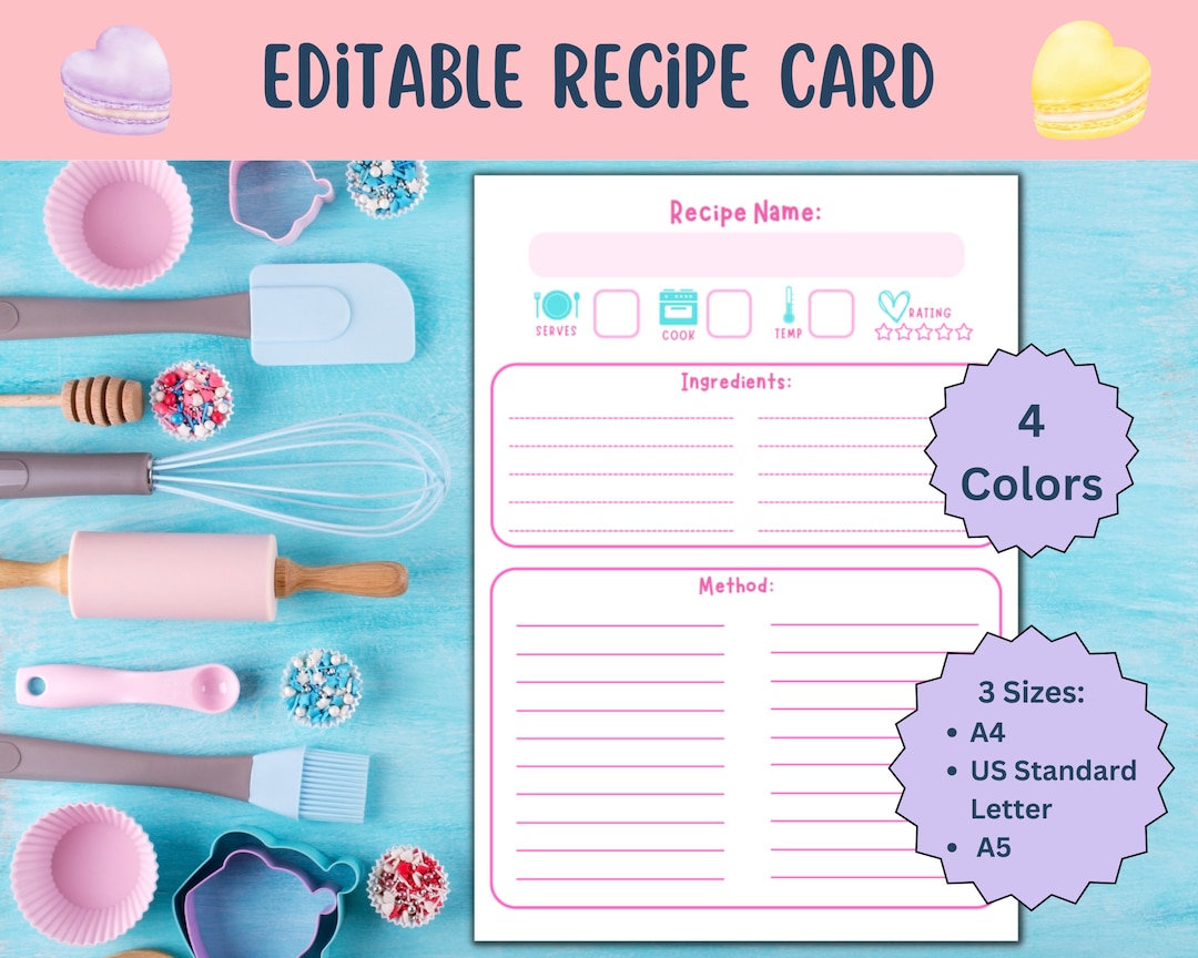 Editable Recipe Card Printable Recipe Log Recipe Book - Etsy