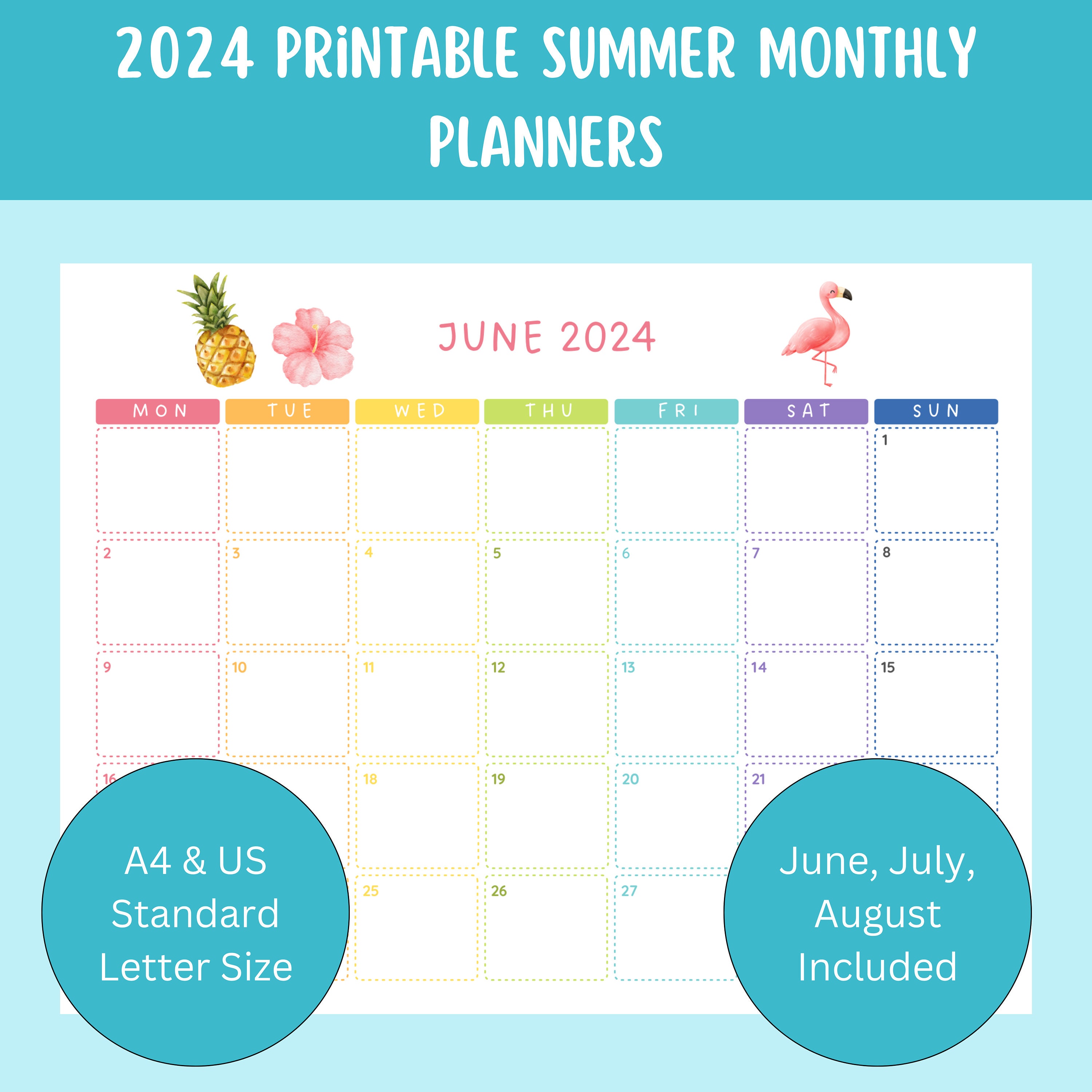 2024 Printable Summer Monthly Planner Calendars, June July August ...