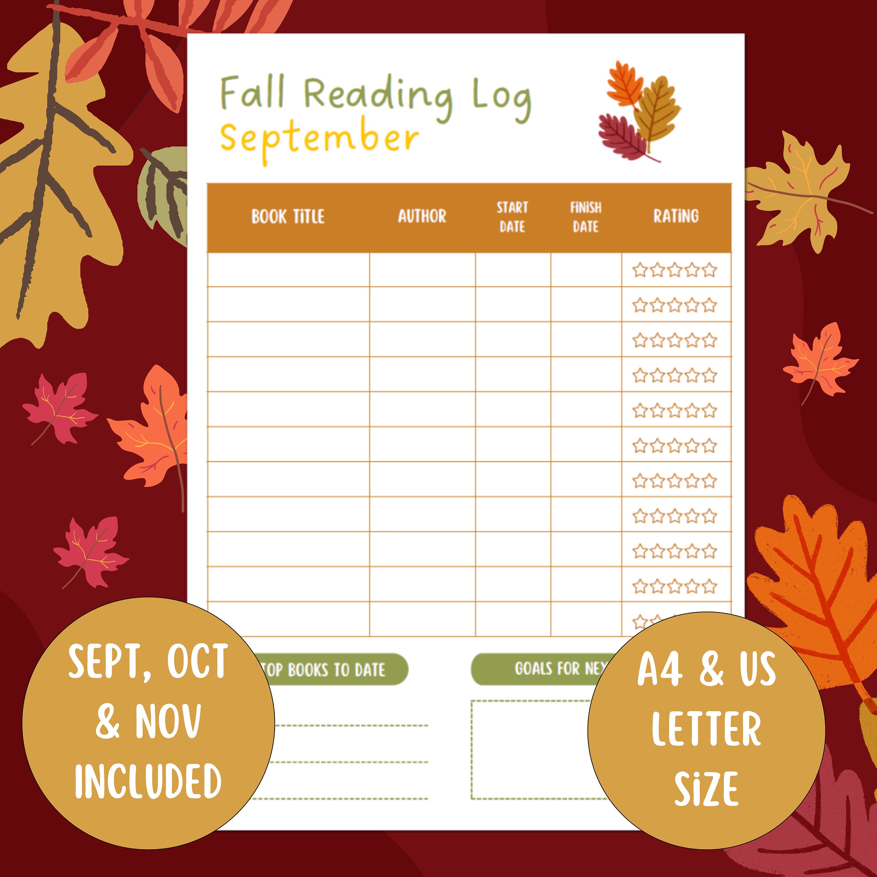Fall Autumn Reading Log | Printable Reading List | Book Report | Kids ...