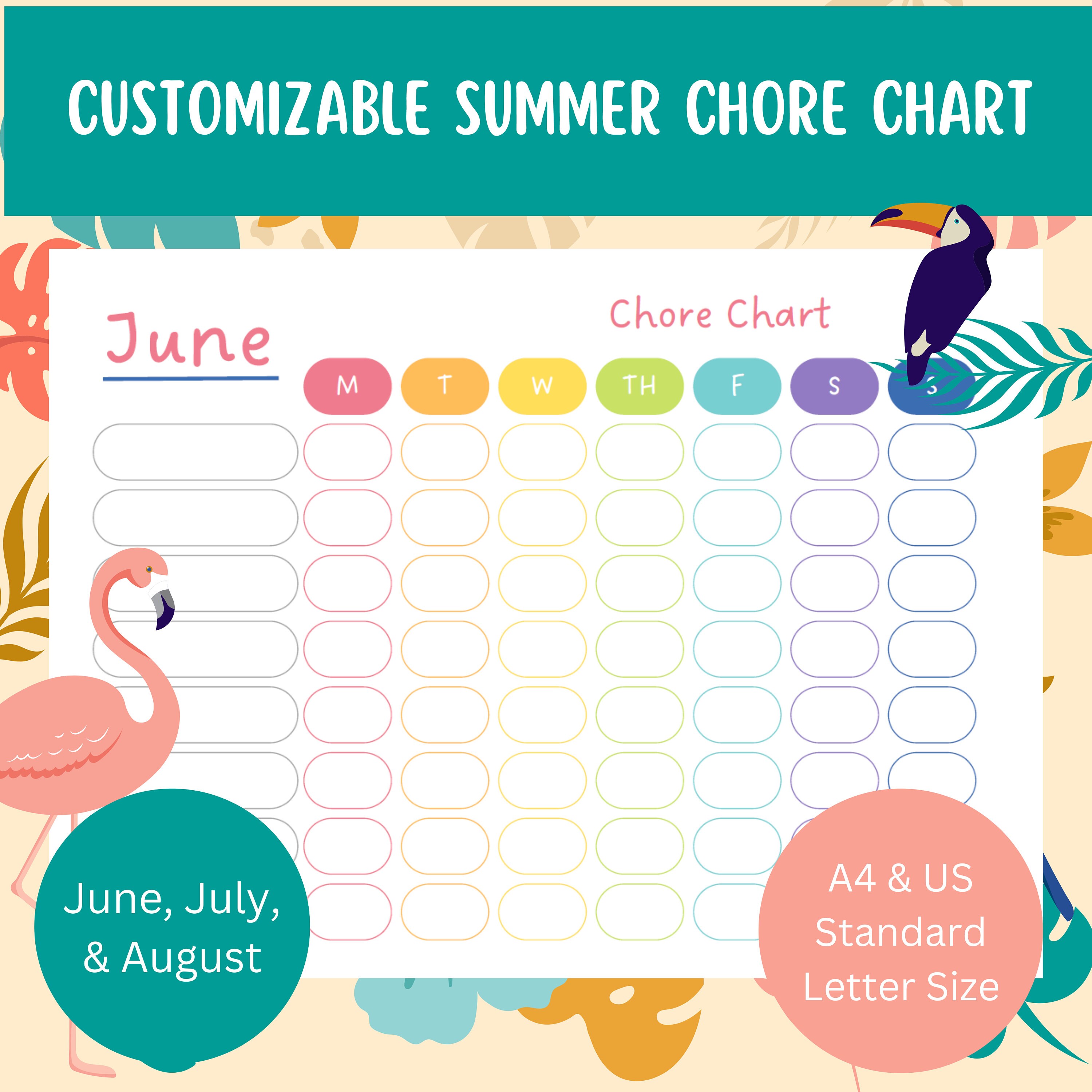 Summer Chore Charts | Customize | Personalize | Editable PDF | Instant ...