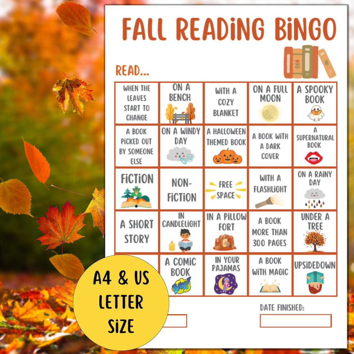 Fall Autumn Reading Bingo, Printable, Reading List, Book Checklist ...