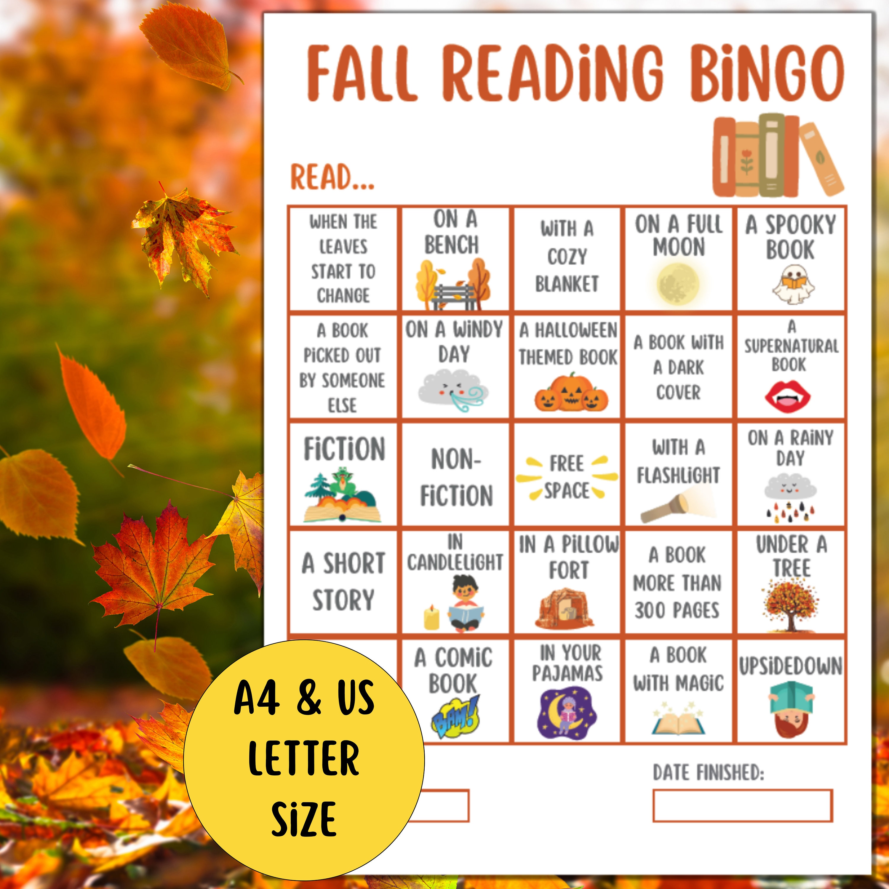 Fall Autumn Reading Bingo, Printable, Reading List, Book Checklist ...