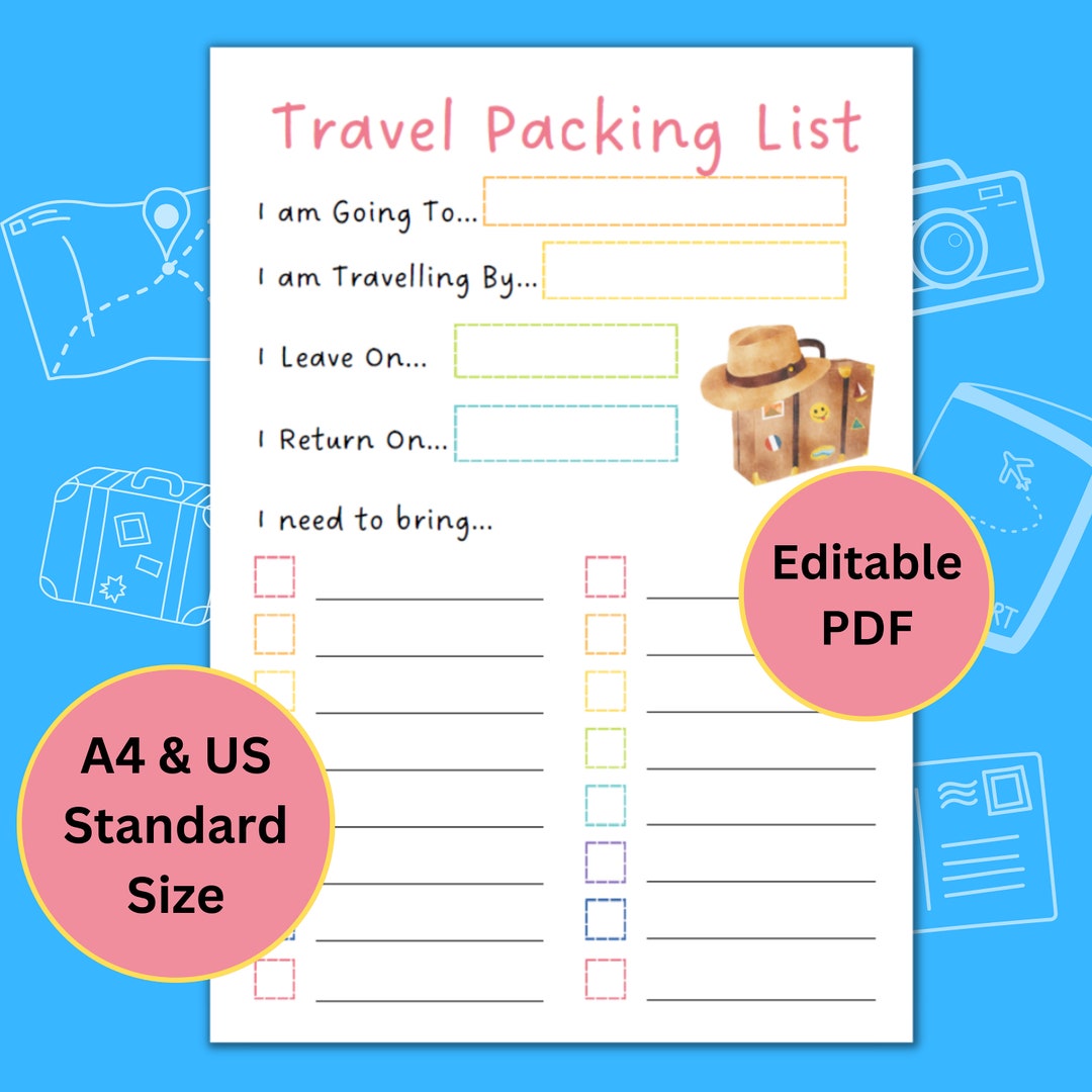 Editable Travel Packing List for Kids, Summer Printable, Vacation ...