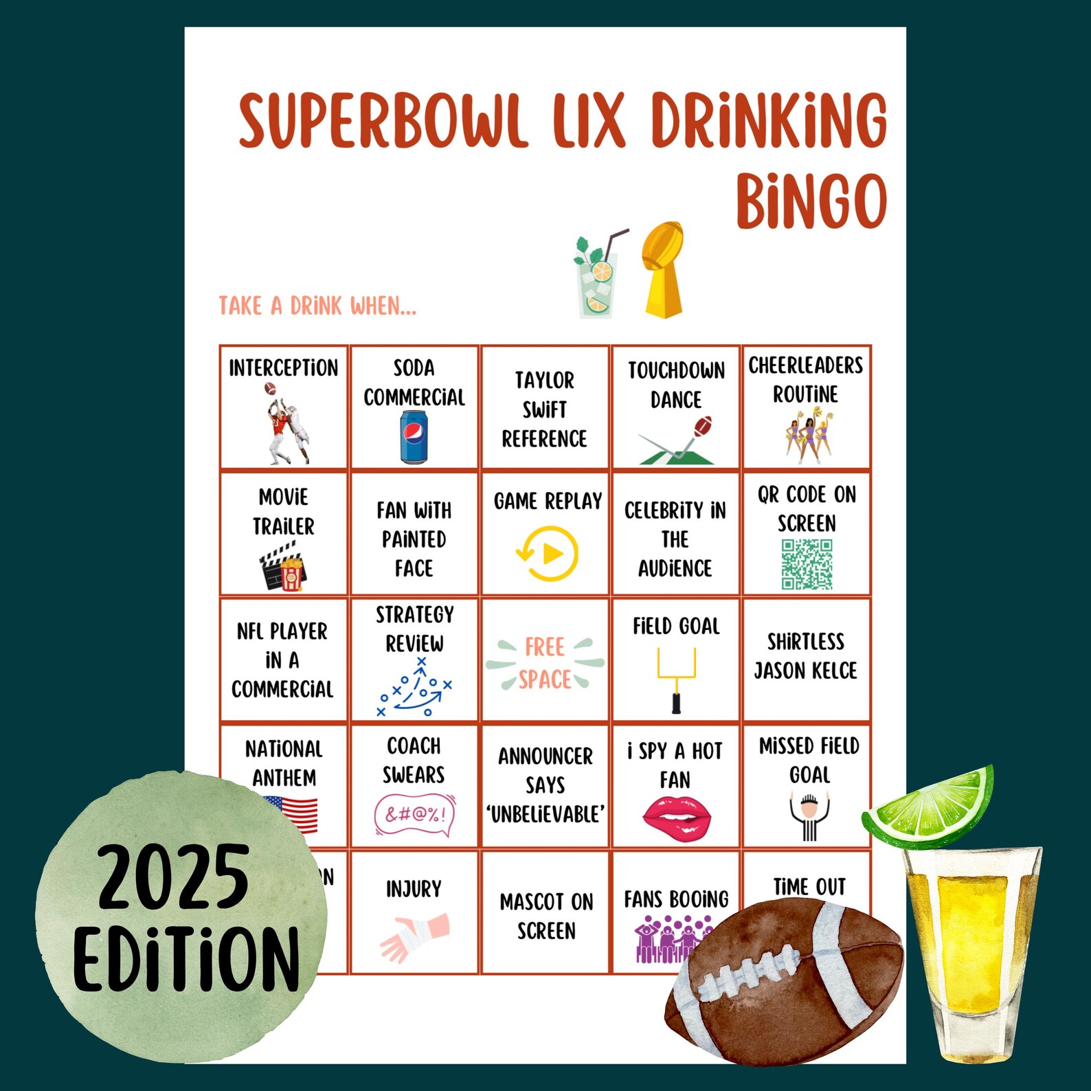 Superbowl LIV 2025 Bingo, Drinking Game, Adult Party Game, NFL Football ...