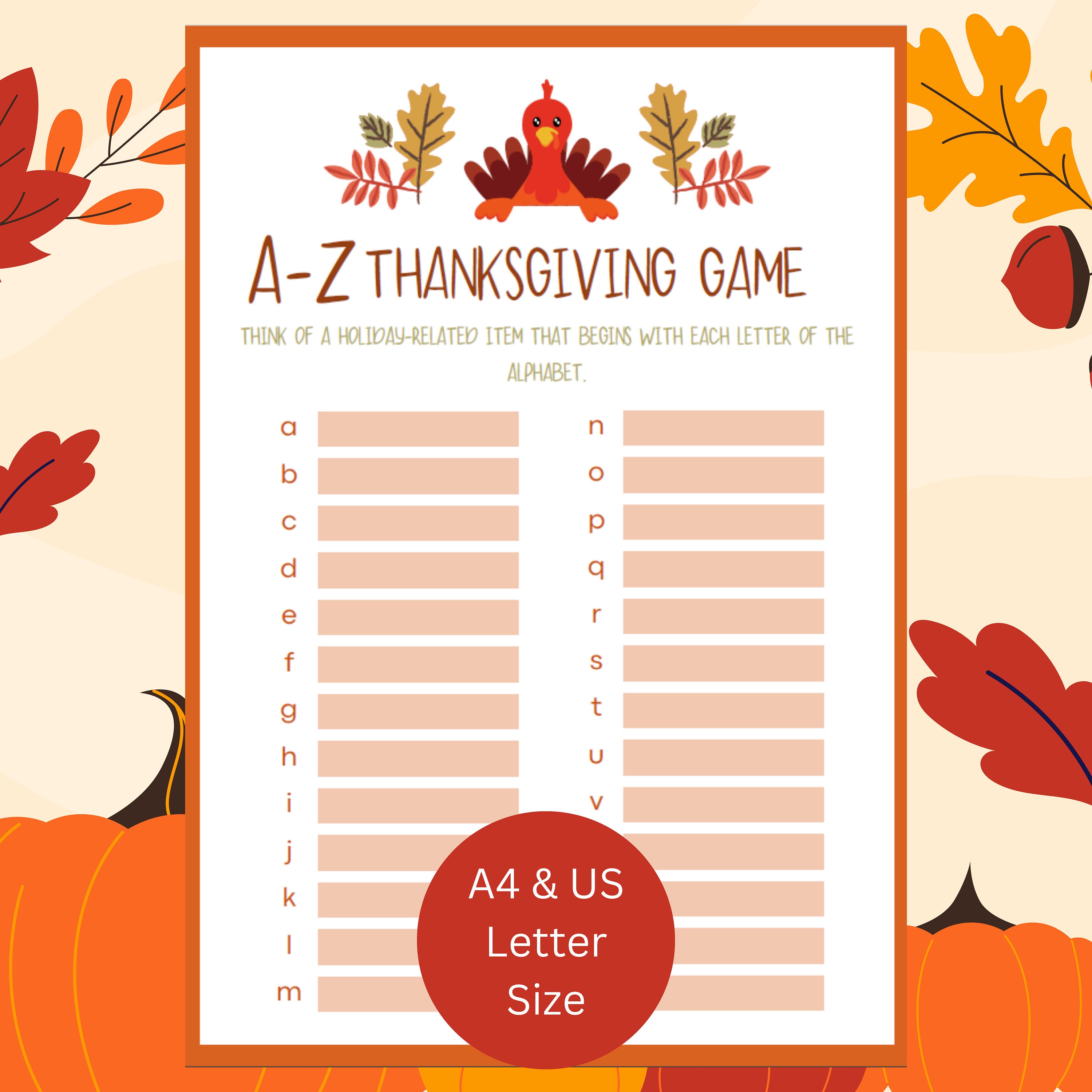 A to Z Thanksgiving Printable Game, Icebreaker, Canadian Thanksgiving ...