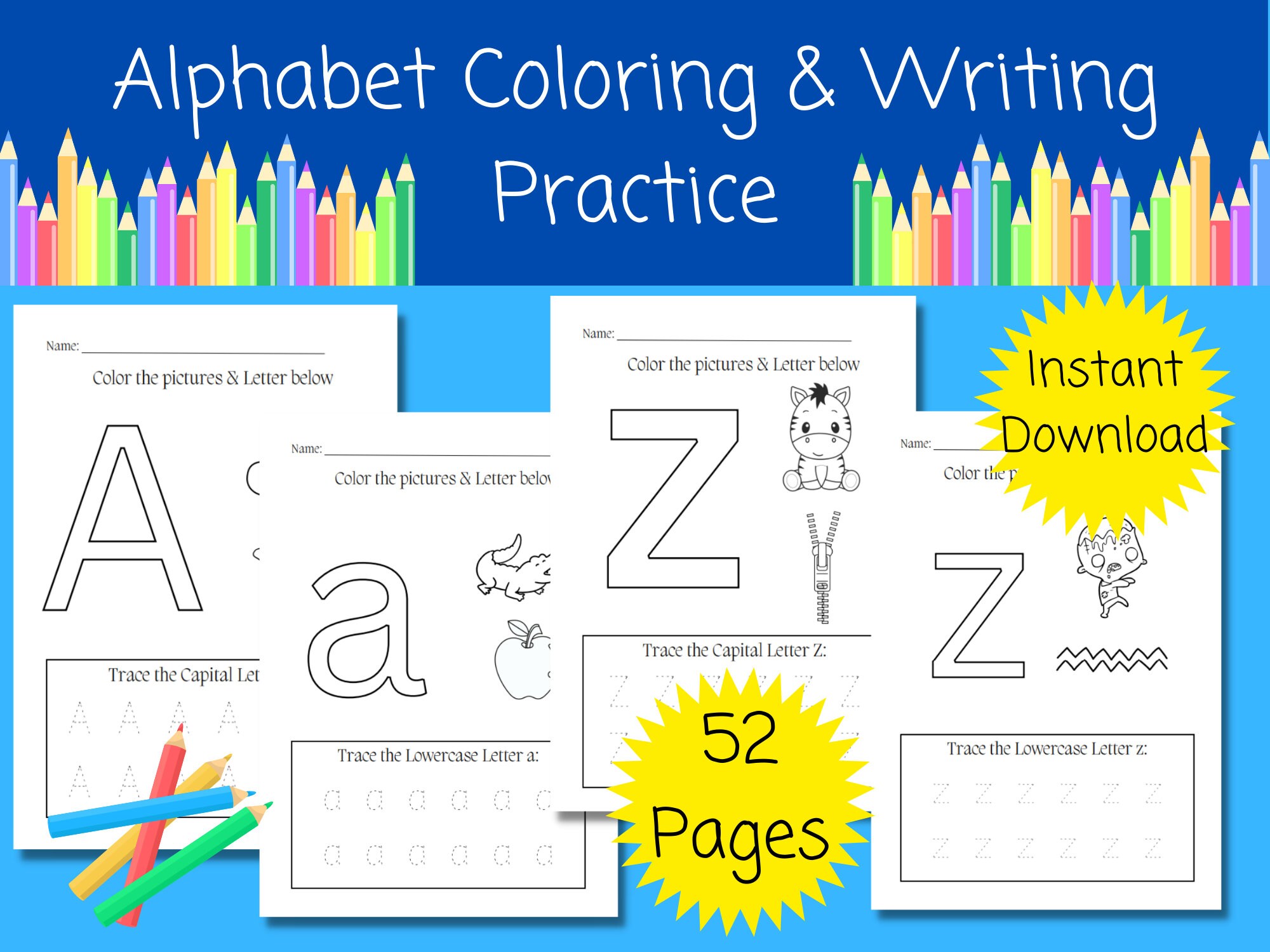 Alphabet Letter Tracing & Coloring Printable Instant - Etsy
