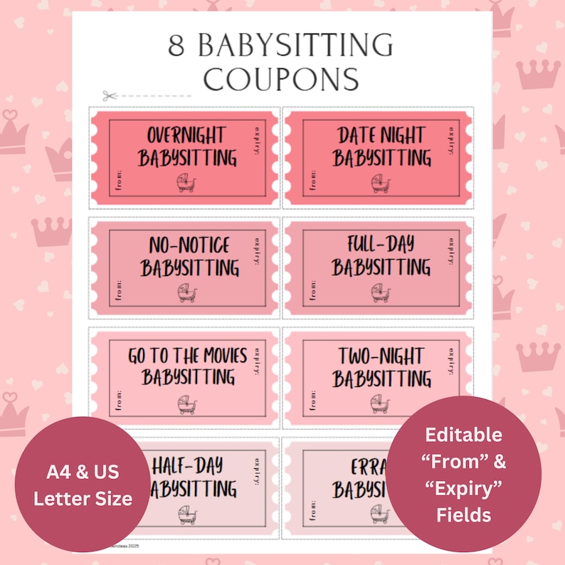 Pink Babysitting Coupons, Printable, Instant Download, Editable, Gift ...