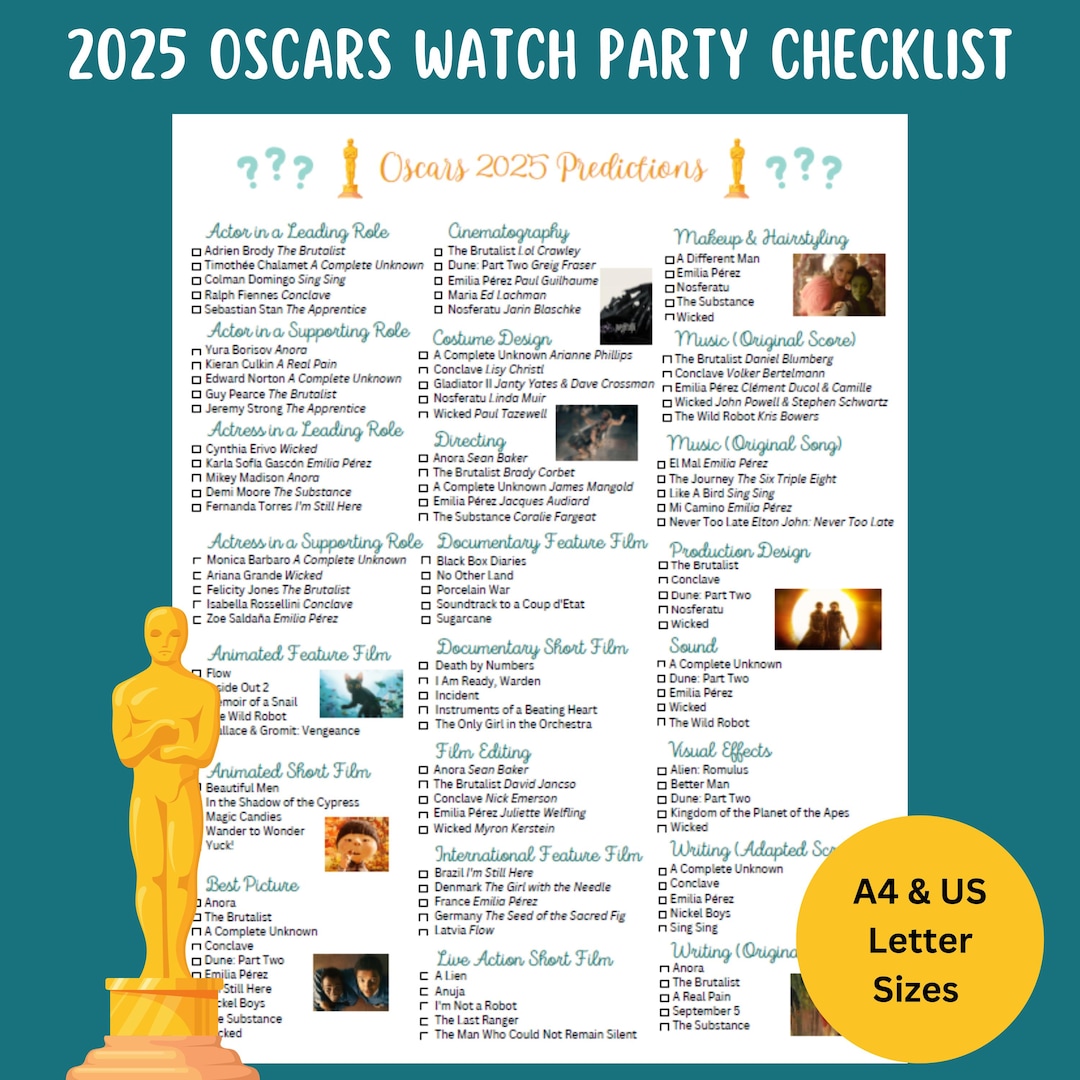 2025 Oscars Winner Checklist, Oscars Party Prediction, Academy Awards Bingo, Best Picture, Award ...