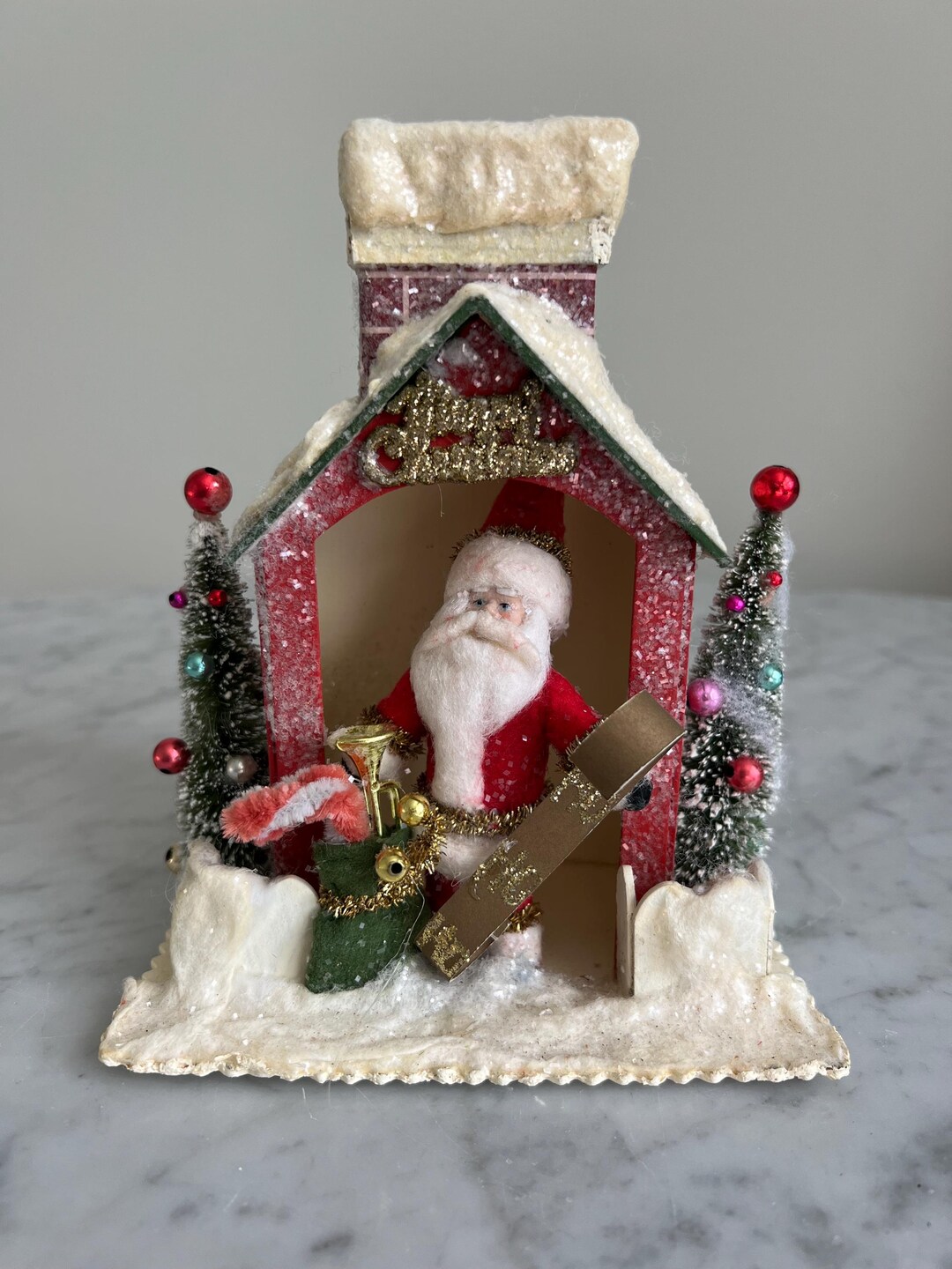 Rare Vintage Merry Christmas Santa Shadow Box Chimney Felt and Bottle ...