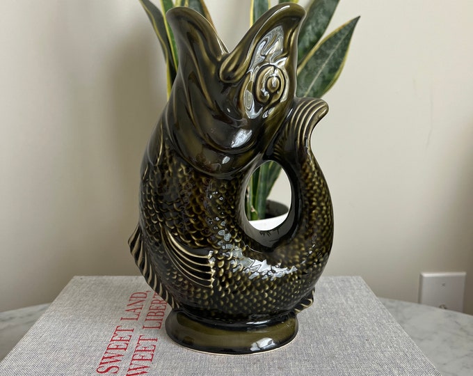 Vintage Mid-century Olive Green Fish Glug / Gurgling Jug Made by ...