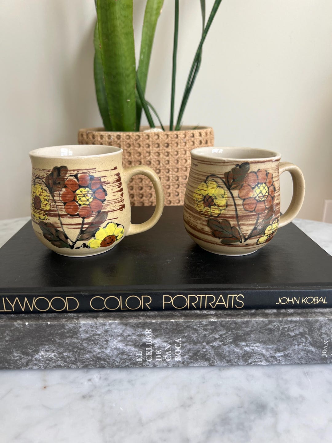 Pair of 1970s Floral Boho Stoneware Otagiri Style Coffee Mugs/hand ...