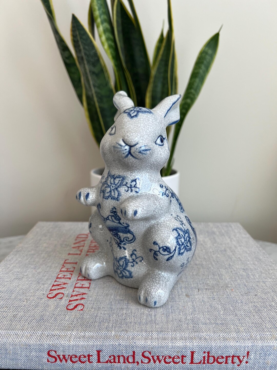 Ceramic/porcelain Bunny Rabbit in Crackled White Glaze and Cobalt Blue ...