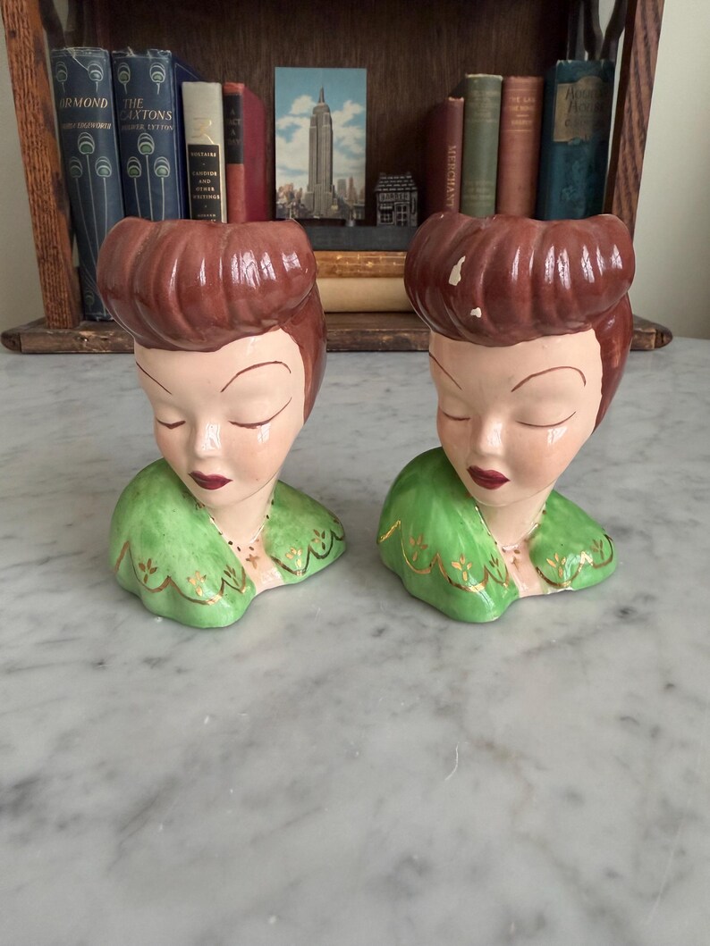 Vintage 1950s Lady Head Vases Pair Ceramic Planters Green Gold Hand ...