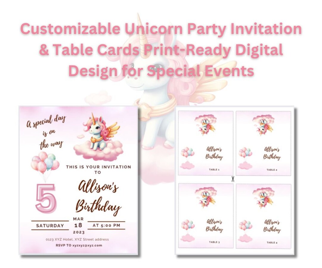 Customizable Unicorn Party Invitation & Table Cards, Editable Unicorn ...